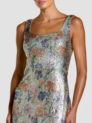 Mac Duggal Floral Sequined Sleeveless Metallic Gown