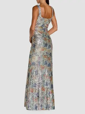 Mac Duggal Floral Sequined Sleeveless Metallic Gown