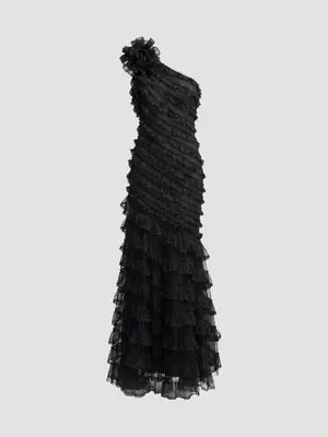 Mac Duggal One-shoulder Mesh-lace Trumpet Gown - Black