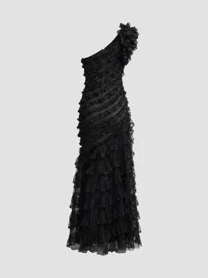 Mac Duggal One-shoulder Mesh-lace Trumpet Gown