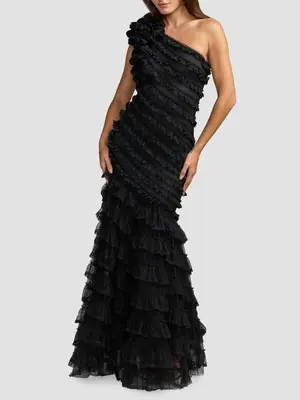 Mac Duggal One-shoulder Mesh-lace Trumpet Gown