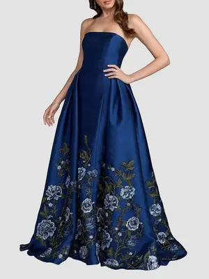 Mac Duggal Embroidered Mikado Strapless Gown - Midnight Multi