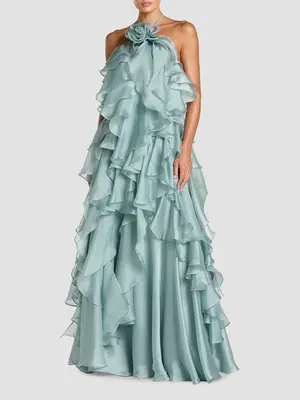 Mac Duggal Rosette Organza Trapeze Ruffle Halter Gown - Mint