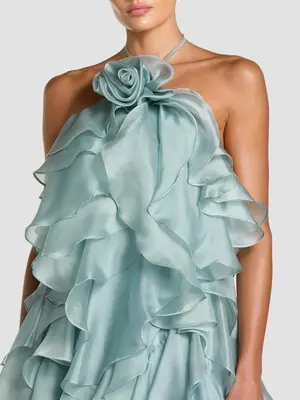 Mac Duggal Rosette Organza Trapeze Ruffle Halter Gown