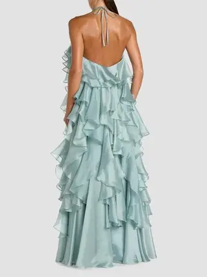 Mac Duggal Rosette Organza Trapeze Ruffle Halter Gown