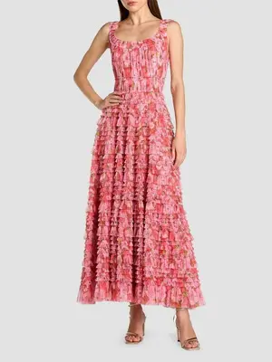 Mac Duggal Floral Mesh Ruffled Maxi Dress - Cherry Multi