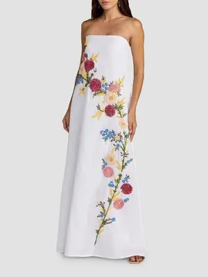 Mac Duggal Floral Embroidered Linen Strapless Trapeze Gown - White Multi