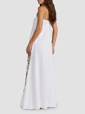 Mac Duggal Floral Embroidered Linen Strapless Trapeze Gown