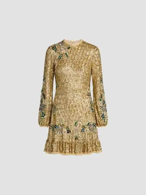 Mac Duggal Floral-beaded Mesh A-line Mini Dress - Gold Multi