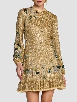 Mac Duggal Floral-beaded Mesh A-line Mini Dress