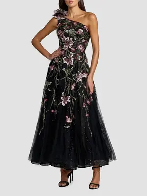 Mac Duggal Beaded Floral-embroidered One-shoulder Cocktail Dress - Black Multi