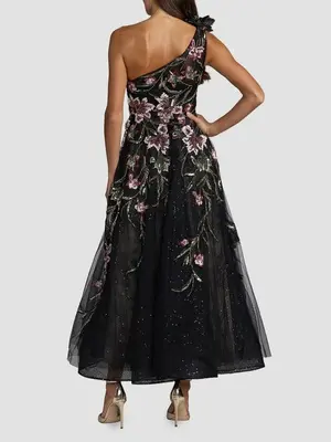 Mac Duggal Beaded Floral-embroidered One-shoulder Cocktail Dress