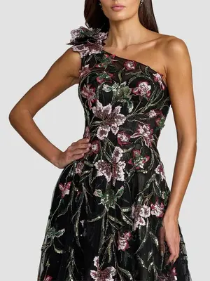 Mac Duggal Beaded Floral-embroidered One-shoulder Cocktail Dress
