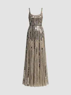 Mac Duggal Mirror Embellished Mesh Gown - Silver