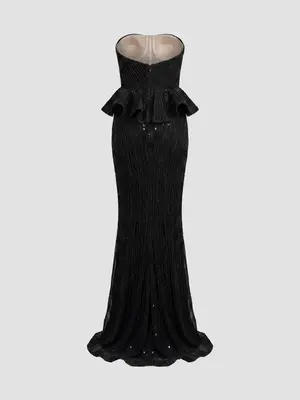 Mac Duggal Beaded Mesh Strapless Peplum Gown