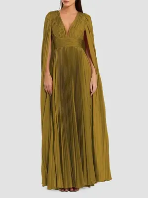 Mac Duggal Petite Ieena 1 Pleated Satin A-line Cape Gown - Chartreuse