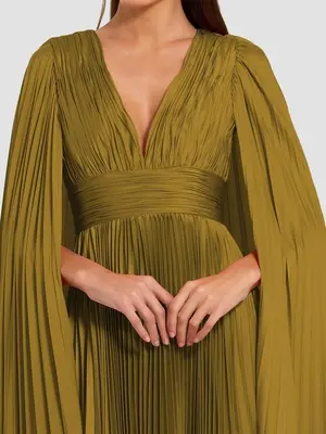 Mac Duggal Petite Ieena 1 Pleated Satin A-line Cape Gown