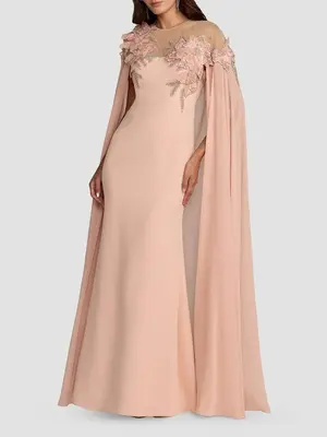 Mac Duggal Floral Crêpe Cape-detail Gown - Blush