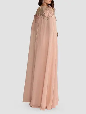 Mac Duggal Floral Crêpe Cape-detail Gown