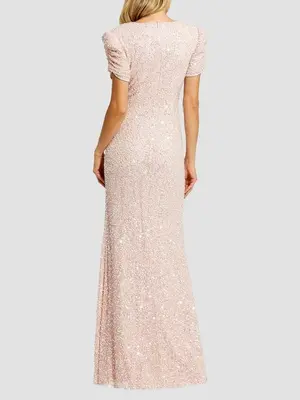 Mac Duggal Petite Beaded Mesh Column Short-sleeve Gown