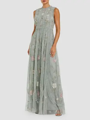 Mac Duggal Petite Floral-embroidered Ruffled Mesh Gown - Sage Multi