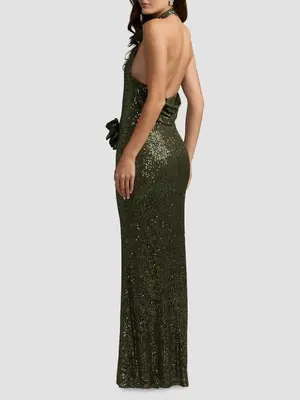 Mac Duggal Sequin 3d Flower Halter Column Gown