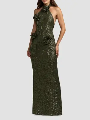 Mac Duggal Sequin 3d Flower Halter Column Gown