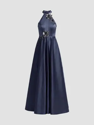 Mac Duggal Satin Sequin Floral A-line Gown - Midnight