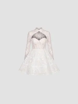 Mac Duggal Embellished Floral Lace Mini Dress - Ivory