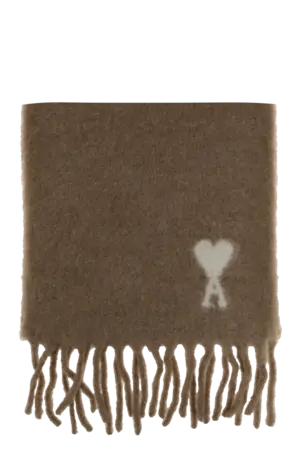 AMI Paris Wool Scarf With Logo - Brown