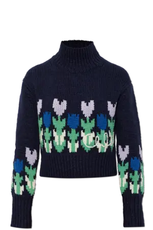 Chloé Wool Turtleneck Sweater With A Floral Motif - Navy Blue