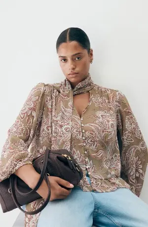 Mango Floral Print Tie Neck Top