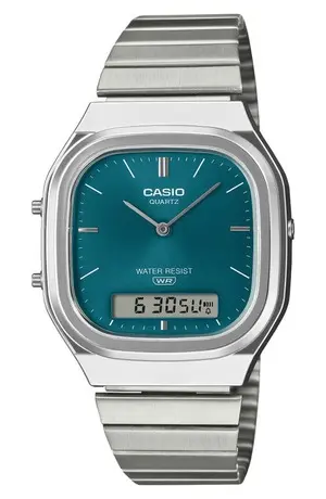 Casio Vintage Ana-digi Stainless Steel Bracelet Watch - Silver/teal