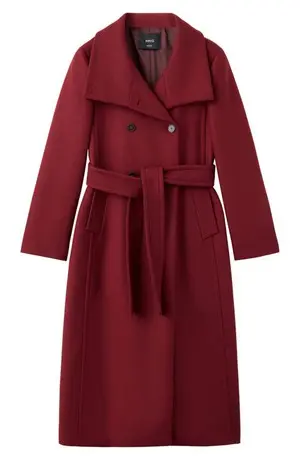 Mango Sirenita Belted Wool Blend Coat - Red