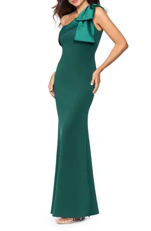 Betsy & Adam Satin Bow Detail One-shoulder Scuba Crepe Sheath Gown