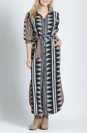 APNY Belted Puff Sleeve Maxi Dress - Onyx/ecru