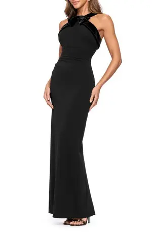 XSCAPE EVENINGS Scuba Crepe Halter Gown
