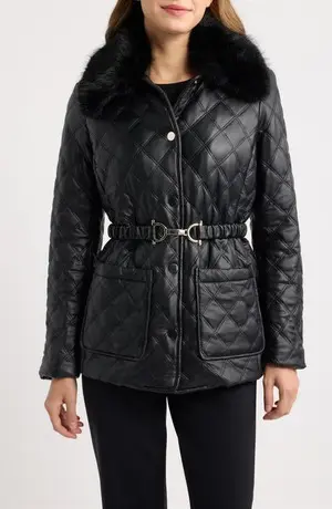 Anne Klein Double Diamond Quilted Jacket With Removable Faux Fur Collar