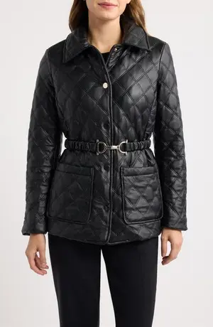 Anne Klein Double Diamond Quilted Jacket With Removable Faux Fur Collar