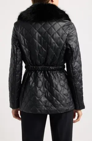 Anne Klein Double Diamond Quilted Jacket With Removable Faux Fur Collar