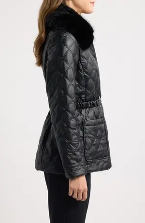Anne Klein Double Diamond Quilted Jacket With Removable Faux Fur Collar