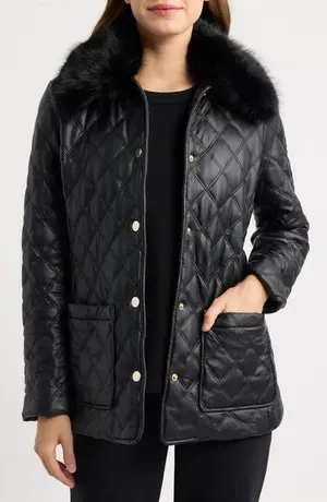 Anne Klein Double Diamond Quilted Jacket With Removable Faux Fur Collar