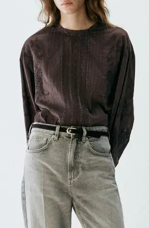 Mango Crystal Embroidered Long Sleeve Shirt - Brown