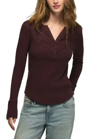 Lucky Brand Lace Trim Waffle Stitch Henley Top