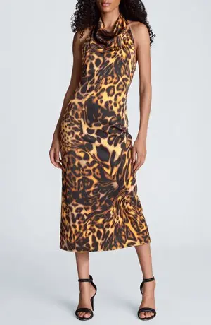 KENNETH COLE COLLECTION Leopard Print Satin Halter Dress