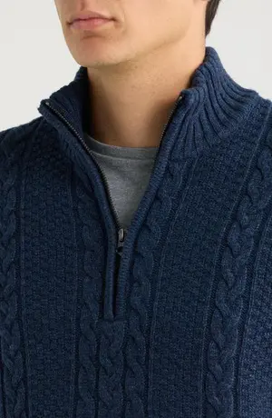 SCHOTT Cable Knit Quarter Zip Sweater - Navy