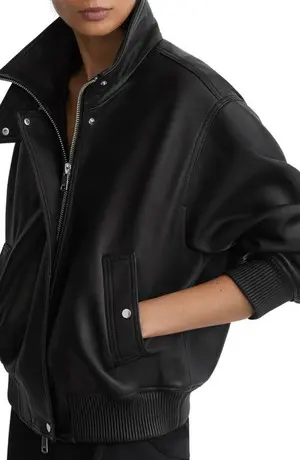 REISS Cara Leather Bomber Jacket