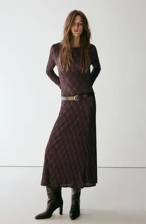 Mango Plaid Long Sleeve Midi Dress