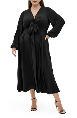 City Chic Adelyn Tie Front Long Sleeve Midi Dress - Black