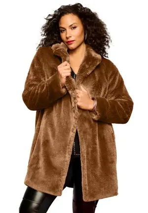 Roaman's Mid Length Luxe Faux Fur Coat - Walnut Brown